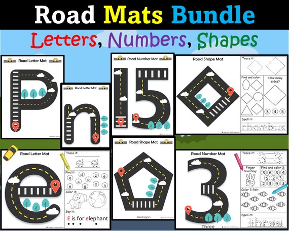 Road Letters Numbers Shapes Tracing Mats Trace Find | Etsy