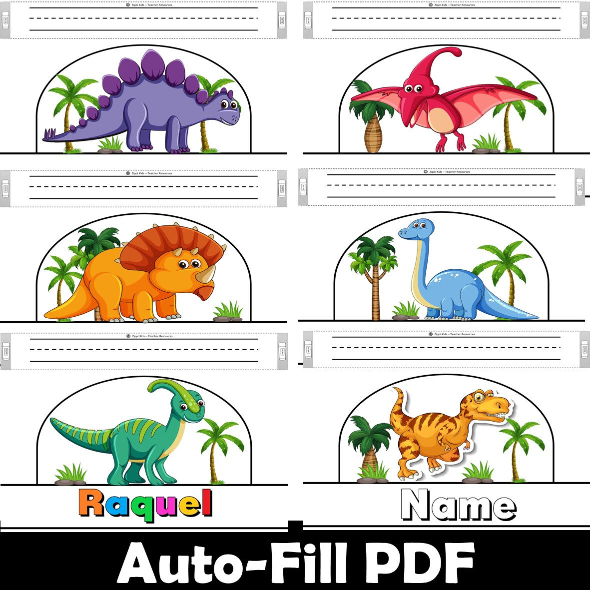Dinosaur Hats, Paper Crown, Name Hats Printable Coloring Dino Party DIY ...
