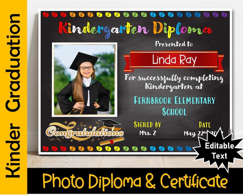 EDITABLE Kindergarten Diploma With Photo, Kindergarten Certificate ...