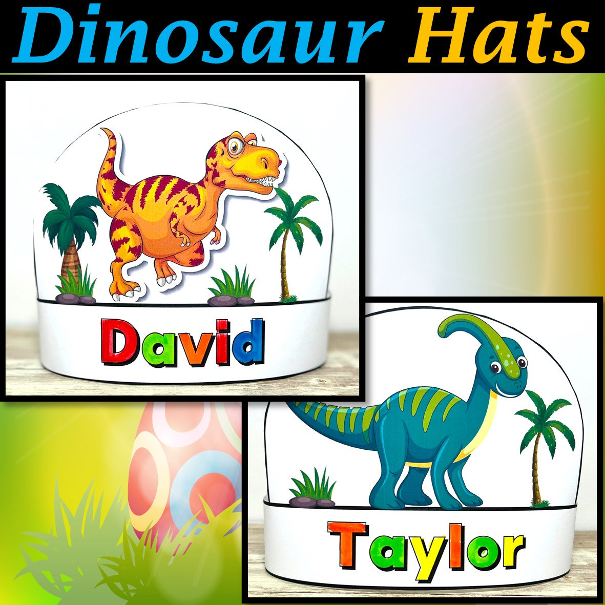 Dinosaur Hats, Paper Crown, Name Hats Printable Coloring Dino Party DIY ...