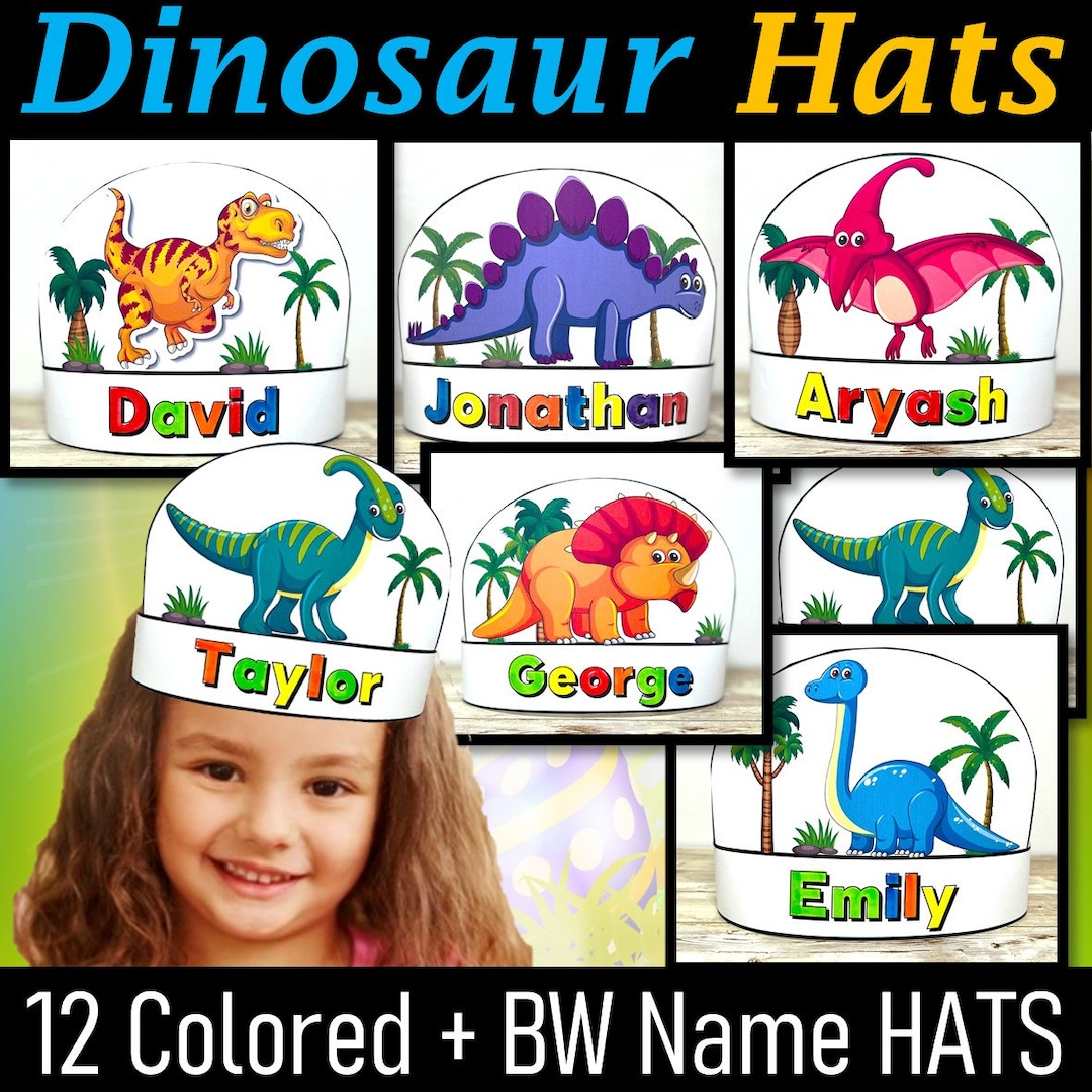 Dinosaur Hats, Paper Crown, Name Hats Printable Coloring Dino Party DIY ...