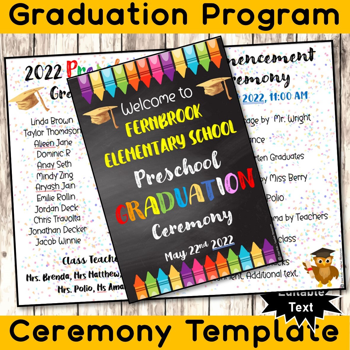 Preschool Graduation Ceremony Set, Editable Diploma, Ceremony Program ...