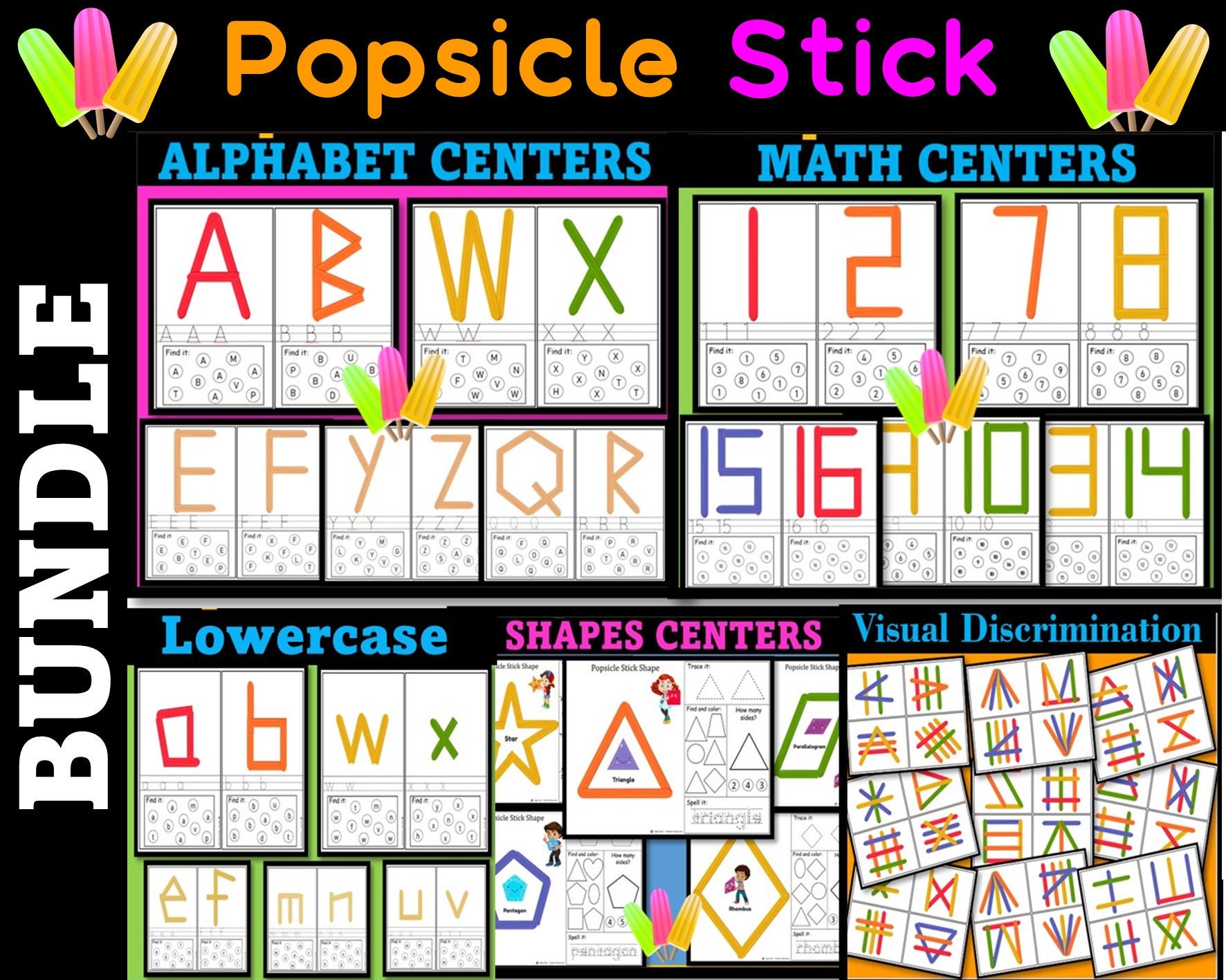 Popsicle Sticks Alphabets, Numbers, Shapes, Visual Discrimination ...