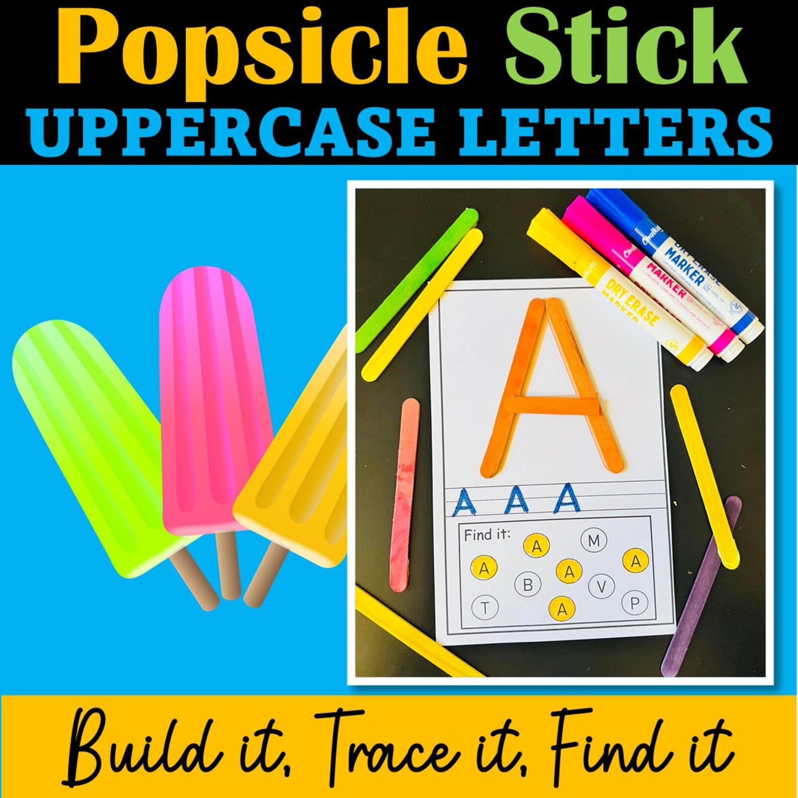 Popsicle Sticks Alphabets, Numbers, Shapes, Visual Discrimination ...