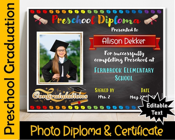 EDITABLE Preschool Diploma With Photo Preschool Certificate - Etsy