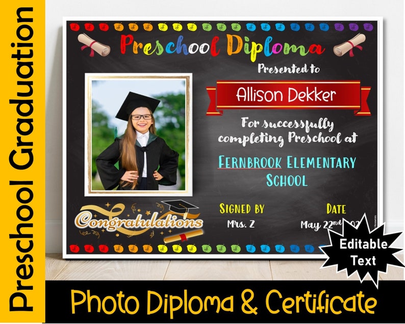 EDITABLE Preschool Diploma With Photo, Preschool Certificate ...