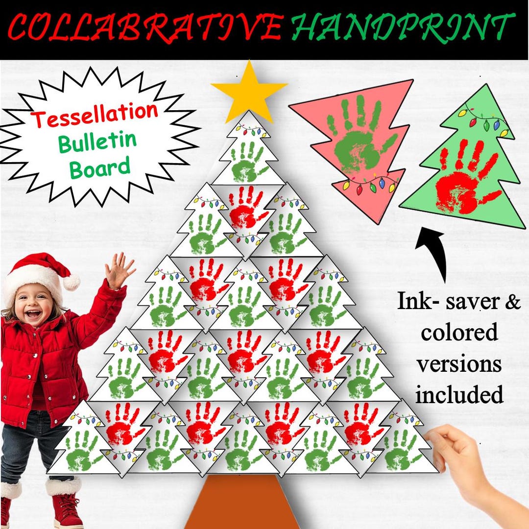 Collaborative Christmas Hand Print Tree Tessellation Craft, Large ...