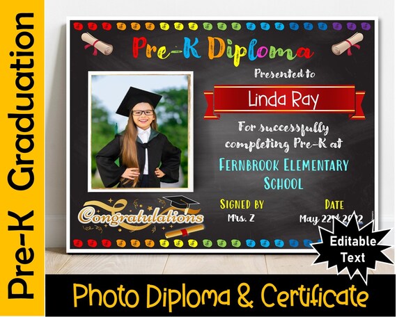 EDITABLE Pre-k Diploma With Photo Pre-k Certificate - Etsy