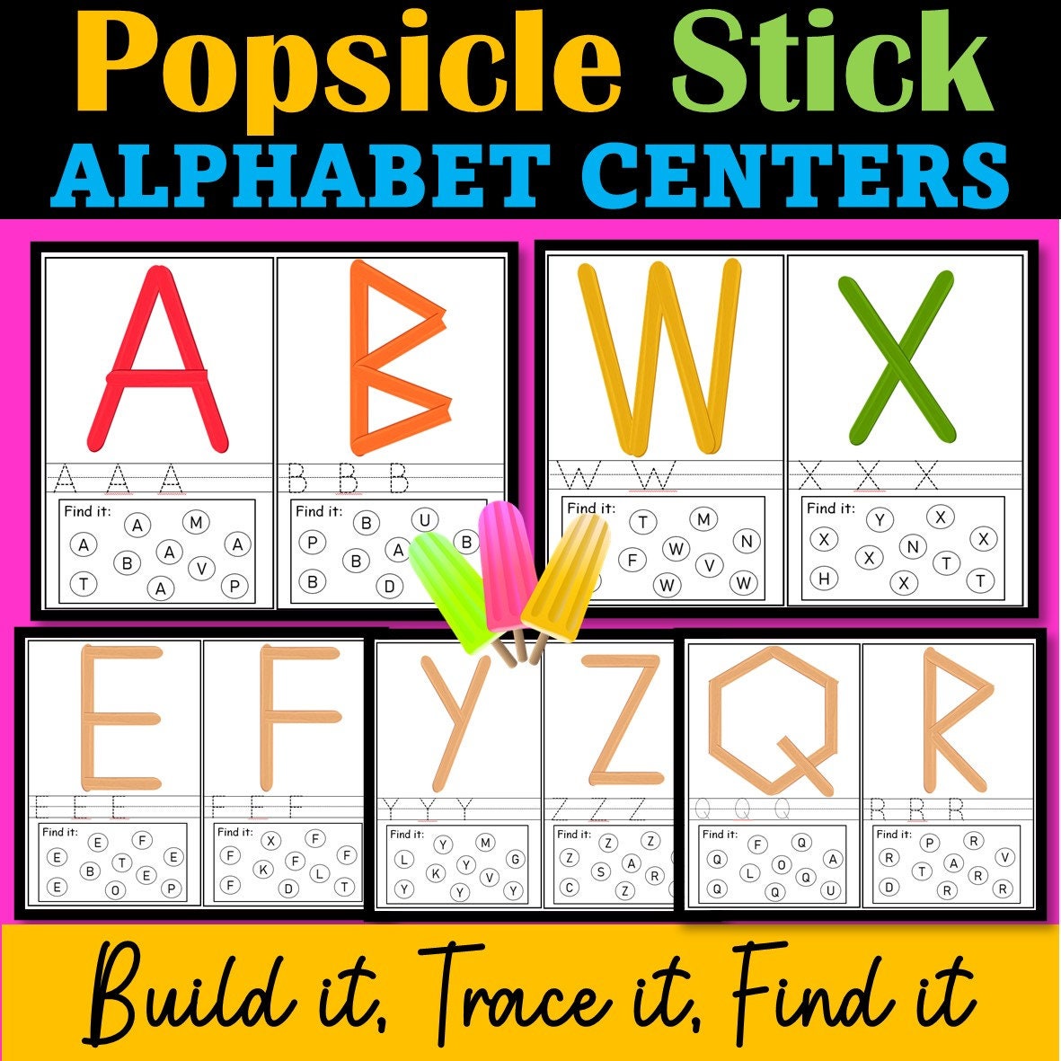 Popsicle Sticks Alphabets, Numbers, Shapes, Visual Discrimination ...