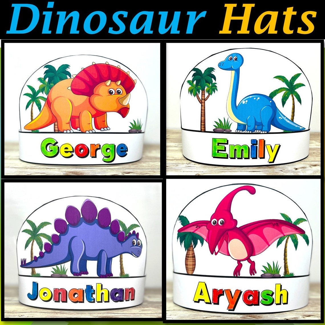 Dinosaur Hats, Paper Crown, Name Hats Printable Coloring Dino Party DIY ...