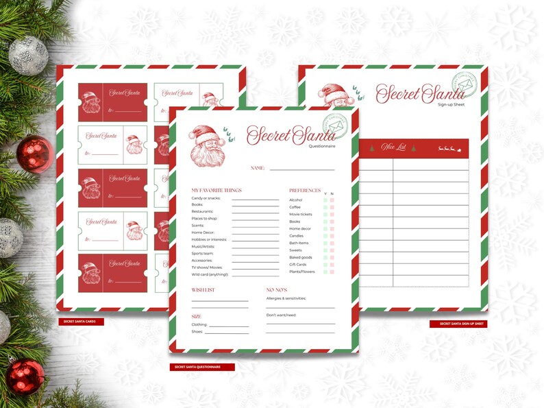 Secret Santa Questionnaire Template Bundle, Christmas Gift Exchange ...