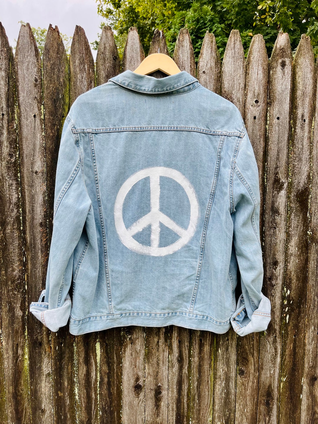 XL Hand Painted Peace Sign Denim Jacket, Upcycled Art, Painted Clothing ...