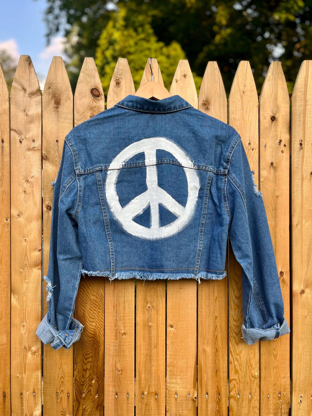 XL Hand Painted Peace Sign Denim Jacket, Upcycled Art, Painted Clothing ...