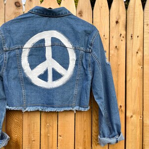 XL Hand Painted Peace Sign Denim Jacket, Upcycled Art, Painted Clothing ...