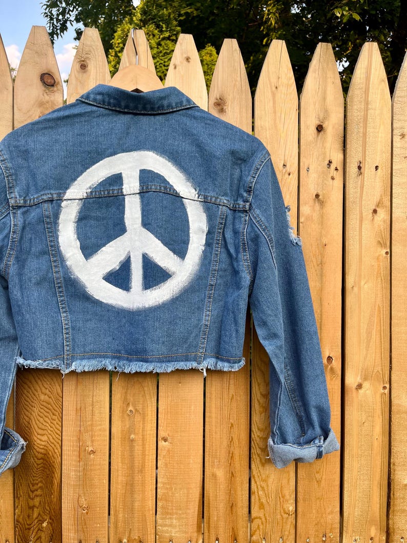 XL Hand Painted Peace Sign Denim Jacket, Upcycled Art, Painted Clothing ...