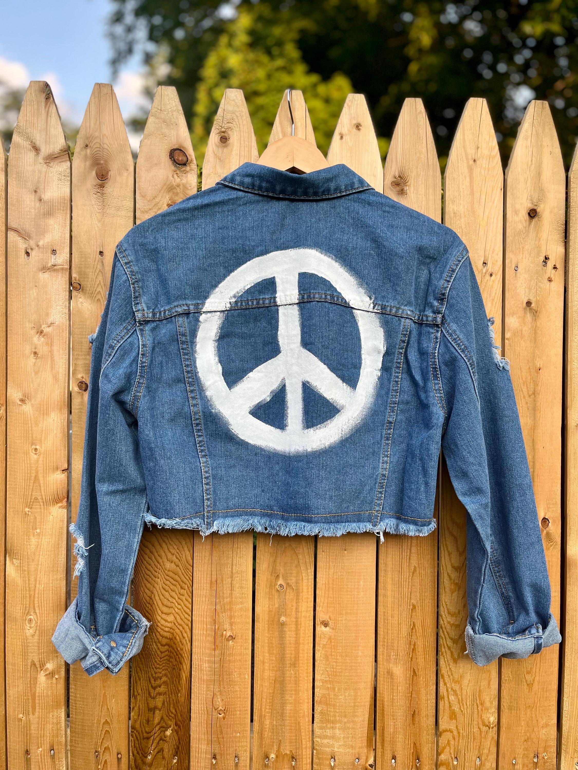 XL Hand Painted Peace Sign Denim Jacket, Upcycled Art, Painted Clothing ...