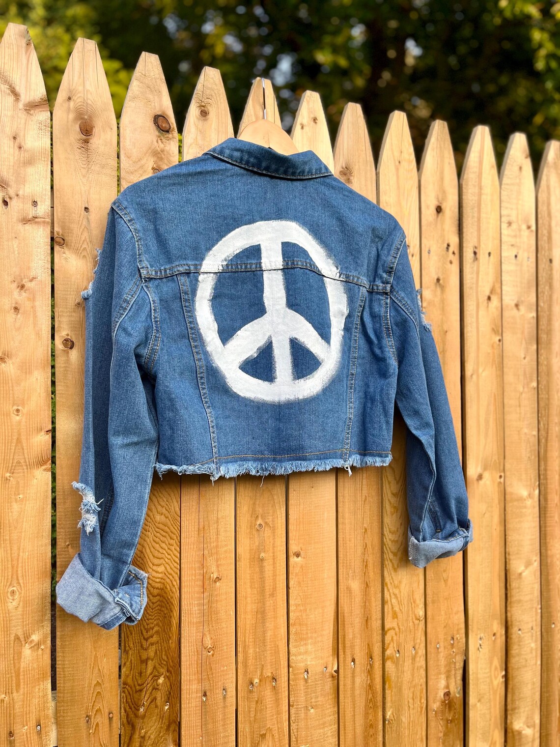 XL Hand Painted Peace Sign Denim Jacket, Upcycled Art, Painted Clothing ...