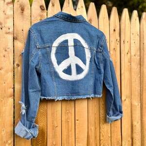 XL Hand Painted Peace Sign Denim Jacket, Upcycled Art, Painted Clothing ...
