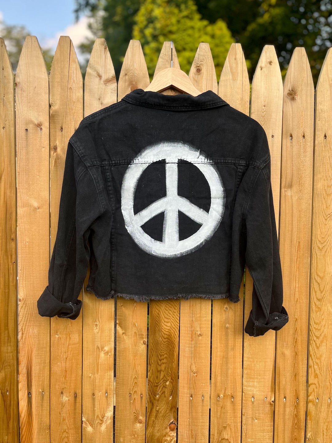 XL Black Hand Painted Peace Sign Denim Jacket, Upcycled Art, Painted ...