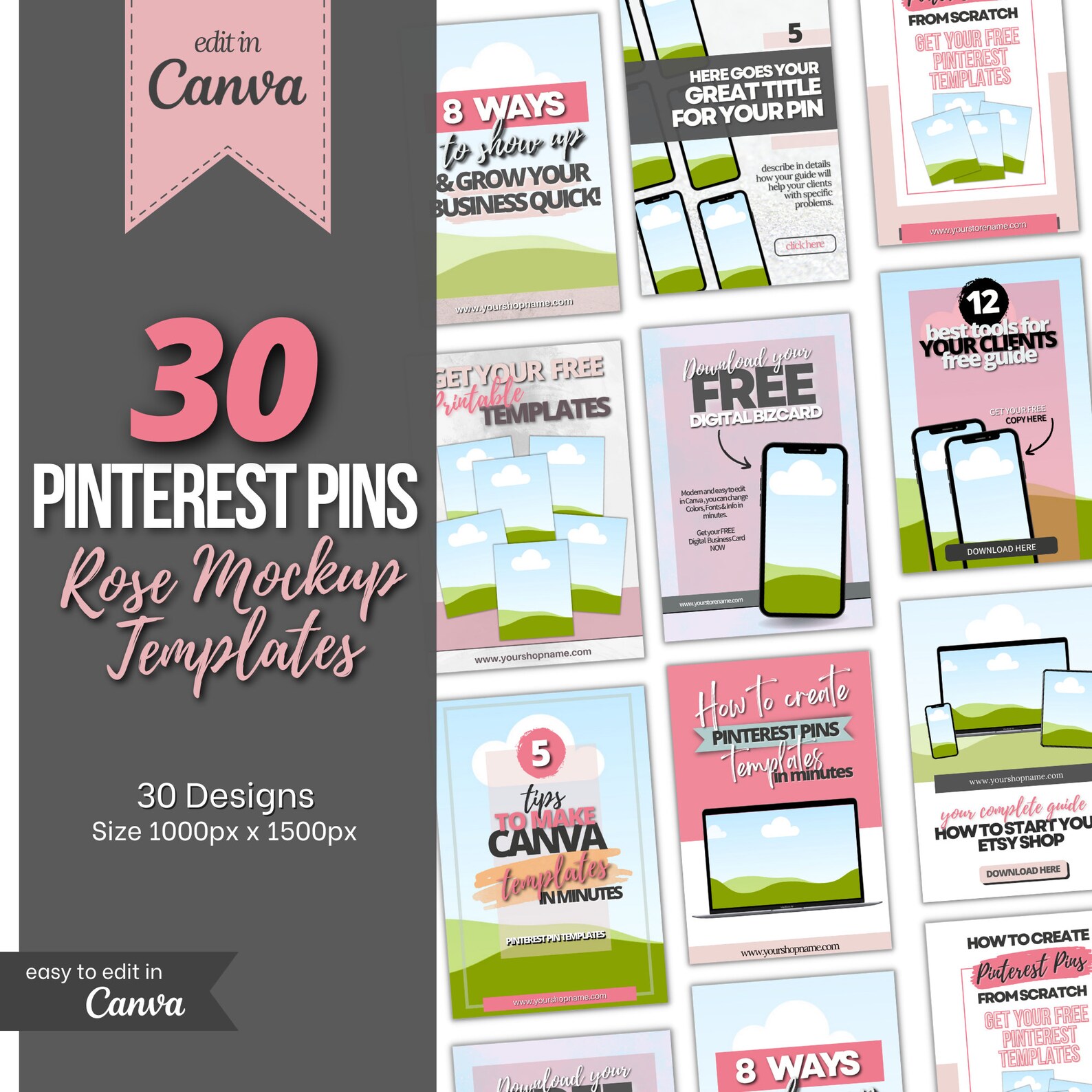 Pinterest Pin Rose Mockup Templates Pin Mockup Canva Templates Digital ...