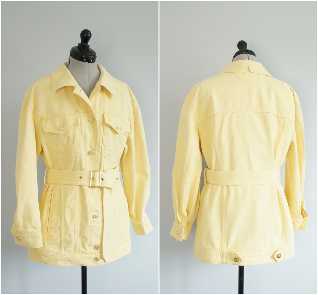 80s 90s Escada Yellow Denim Long Jacket Coat, Size Medium Belted, Gold ...