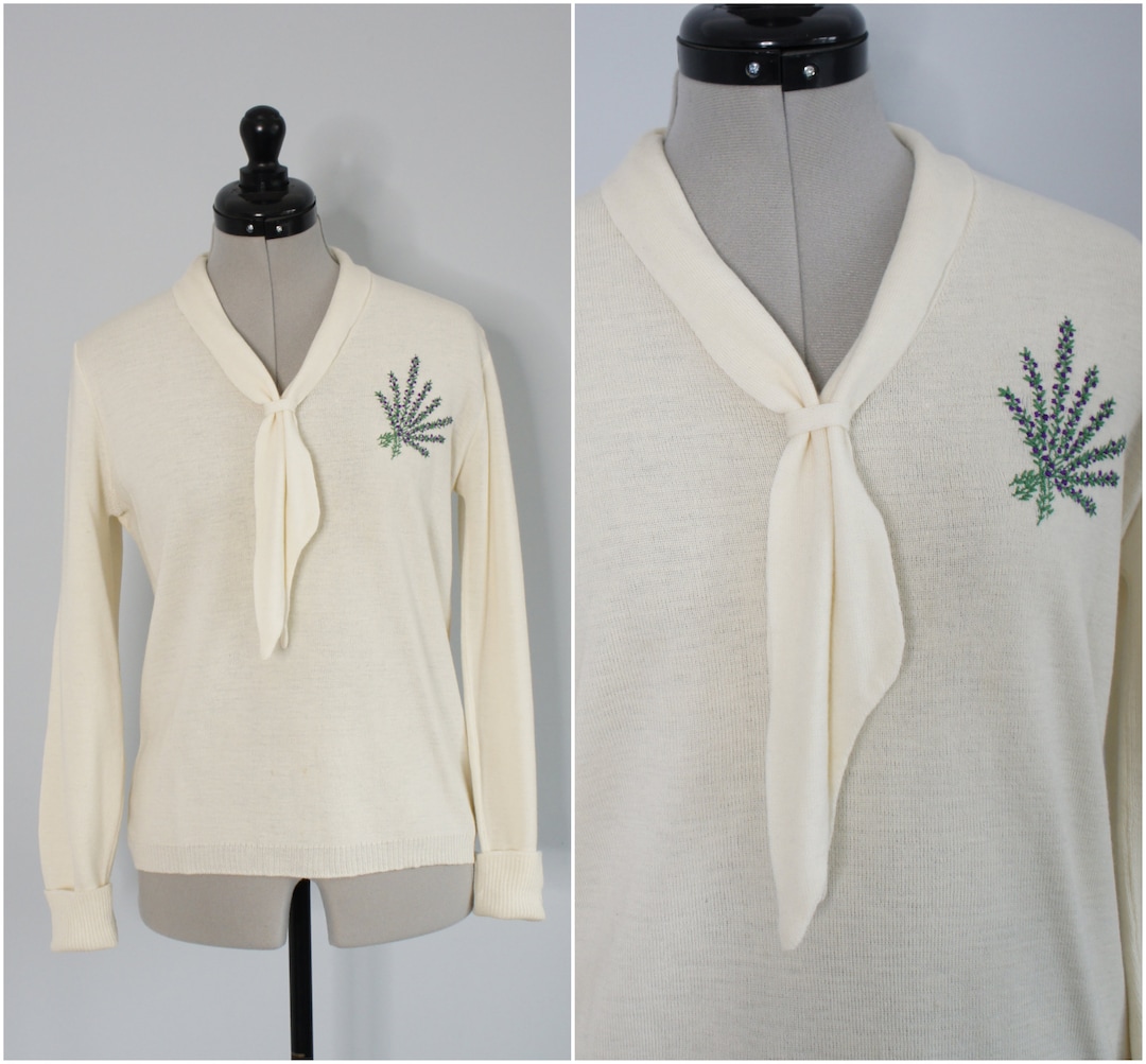 50s Balmoral Scottish Embroidered Cream Lambswool Knit Sweater, Size ...