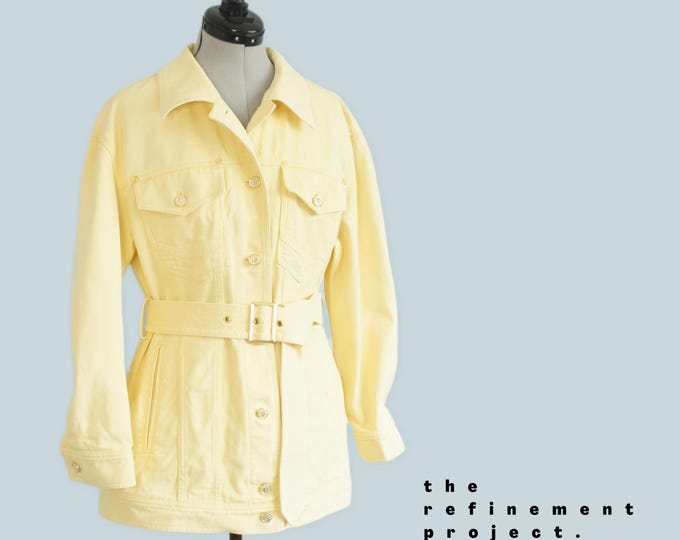 80s 90s Escada Yellow Denim Long Jacket Coat, Size Medium - Belted ...