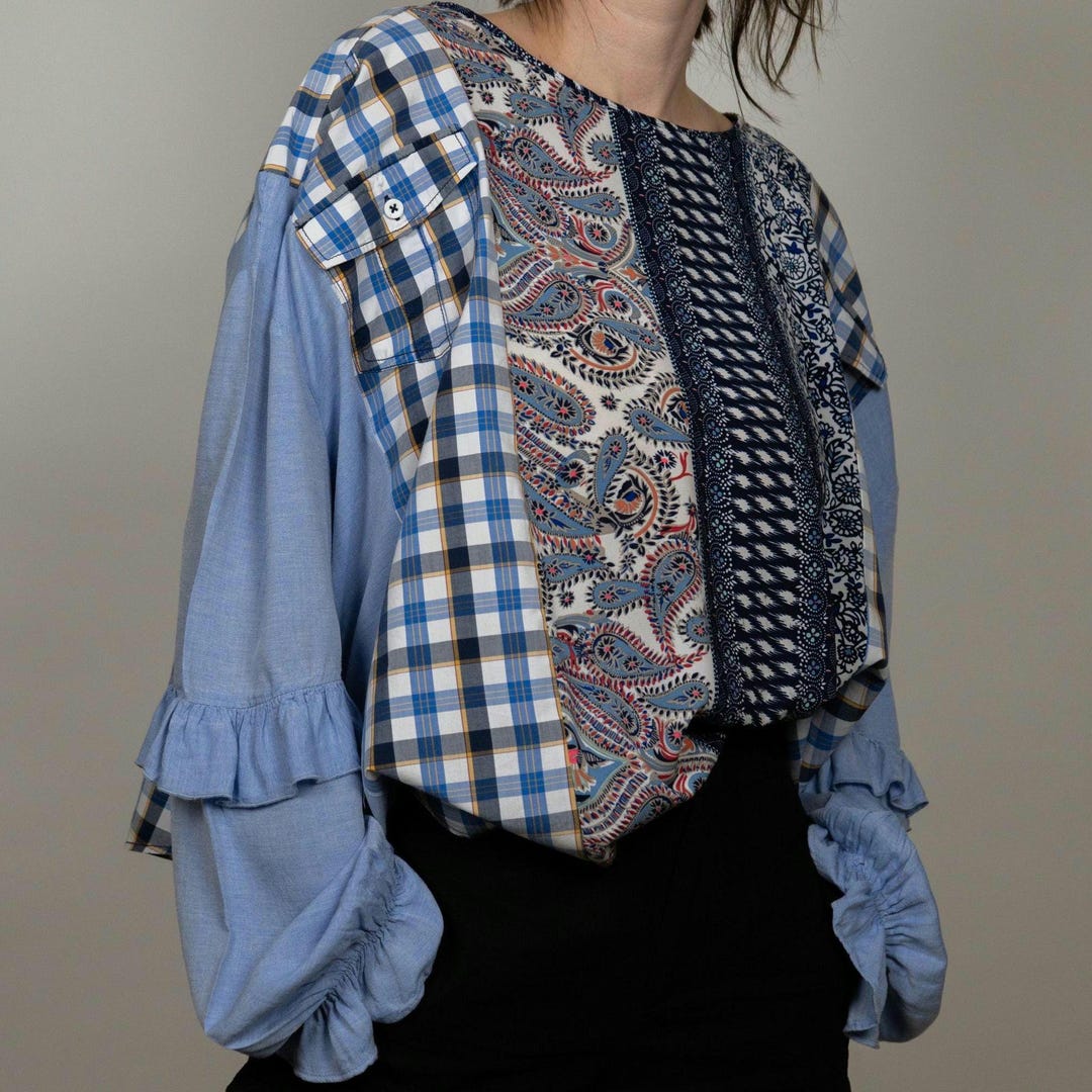 Upcycled Boho Patchwork Blouse – Oversized Flowy Shirt – Blue Mixed ...