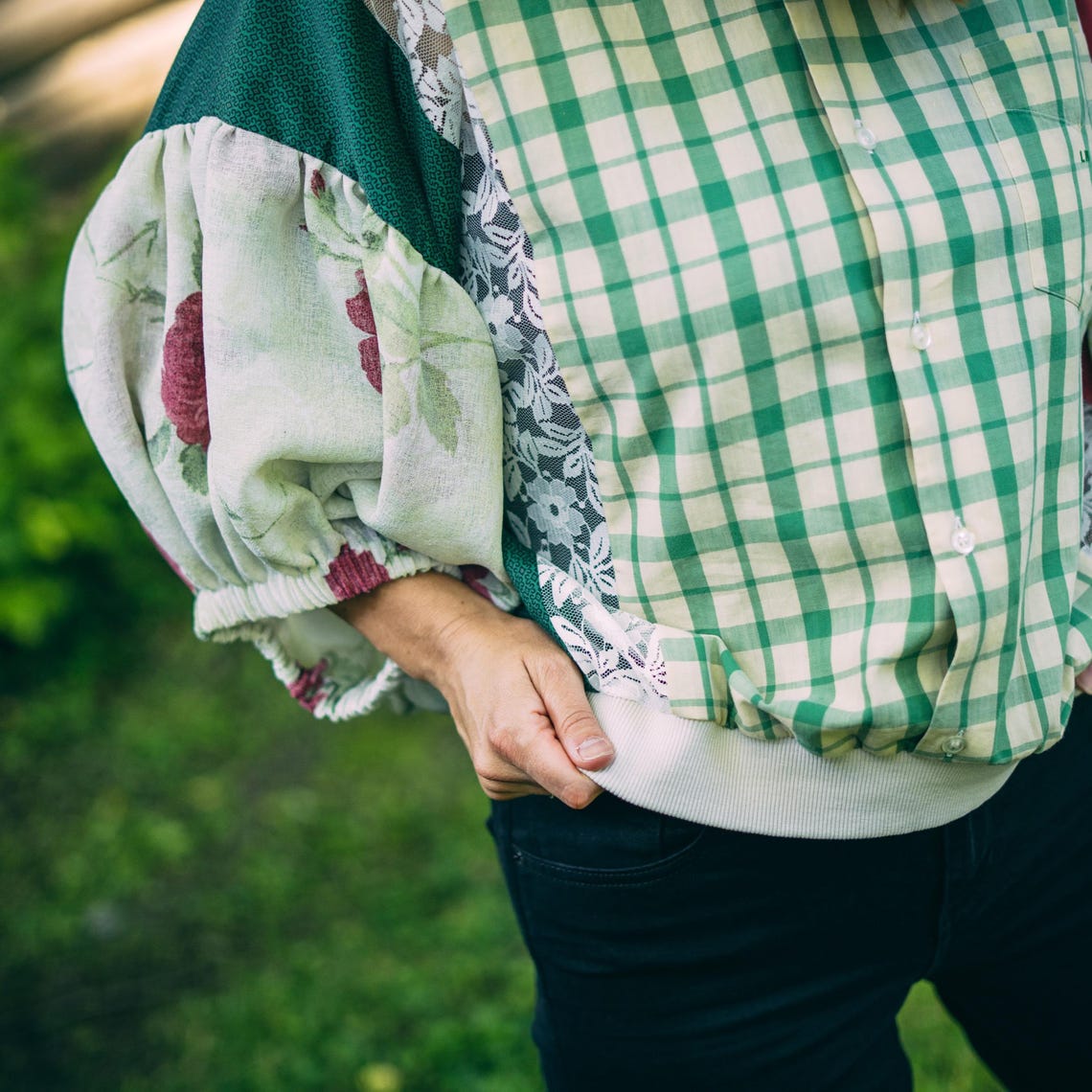 Green Upcycled Blouse With Puff Sleeves – Reworked Shirt With Lace and ...