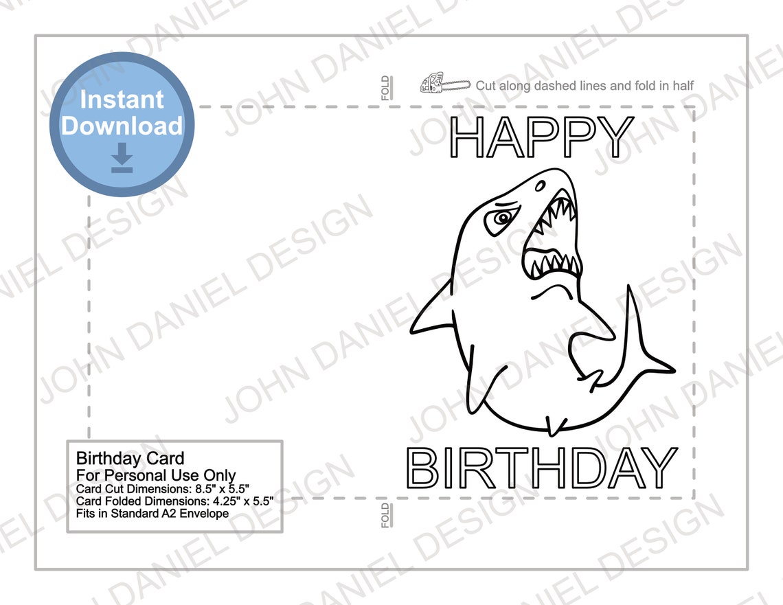 PRINTABLE - Shark Happy Birthday Card for Kids, Coloring Card, DIY ...