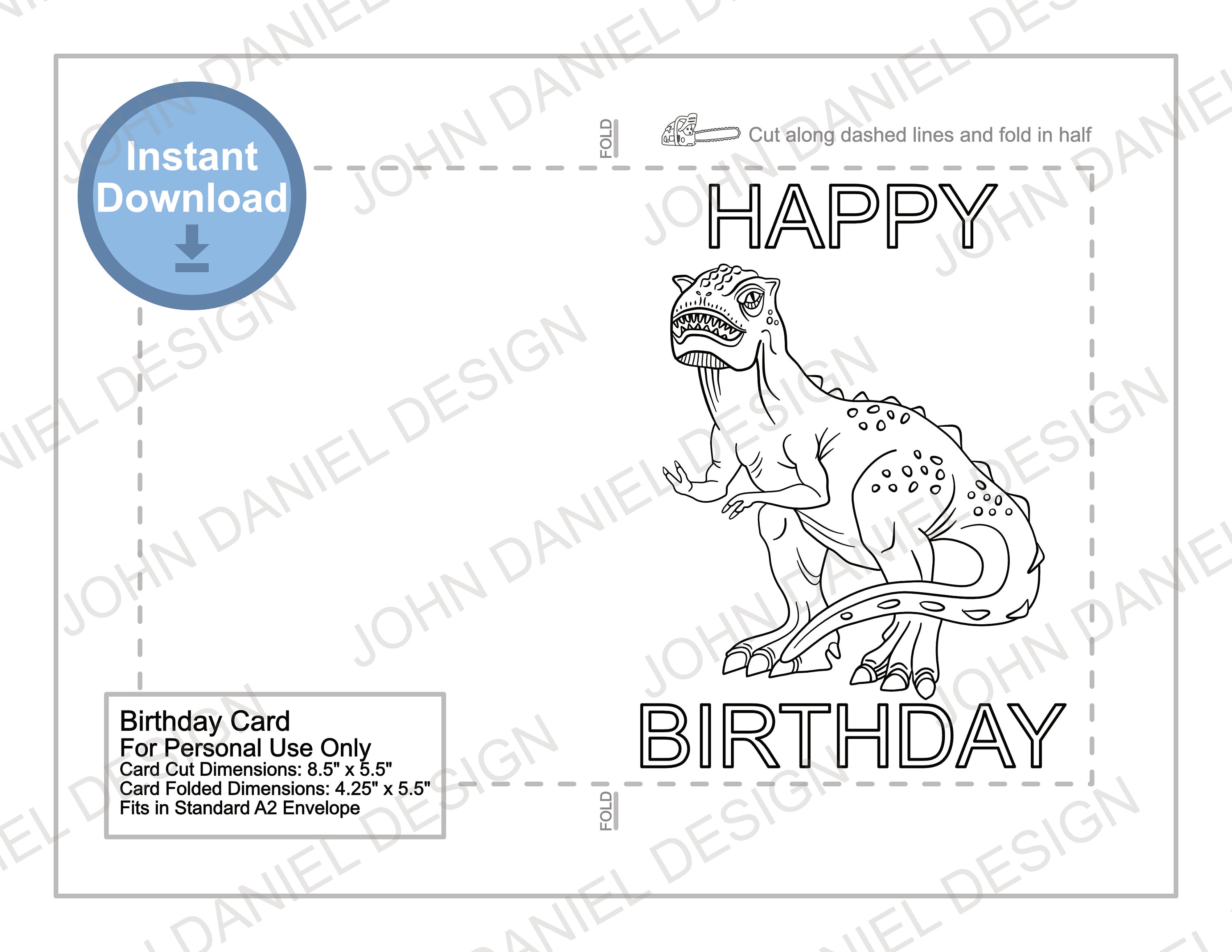 PRINTABLE - Dinosaur Happy Birthday Card for Kids, Coloring Card, DIY ...