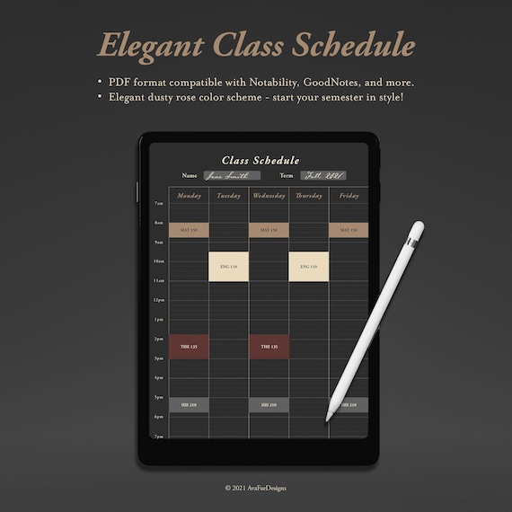 Elegant Class Schedule Digital Template / Dark Color Scheme / - Etsy