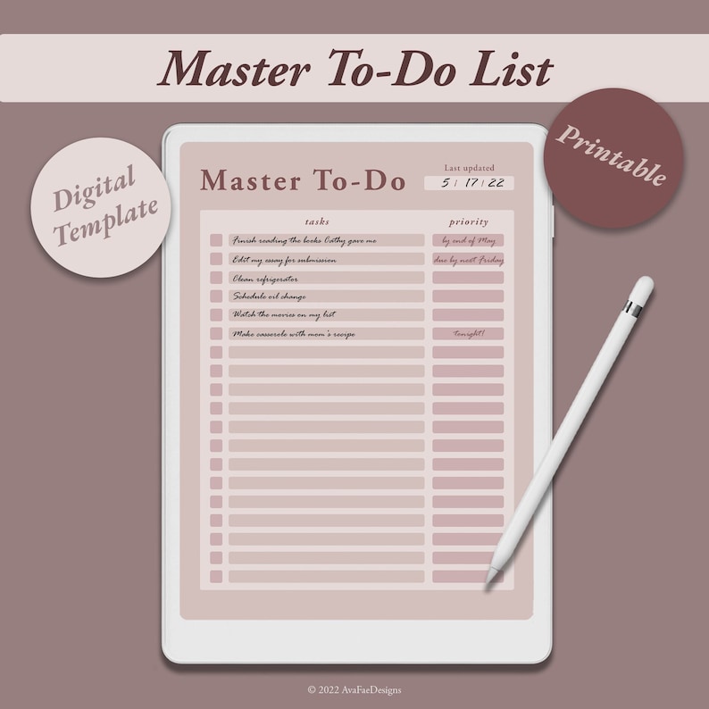 Master To-do List Digital Template / Printable PDF / Dusty Rose Palette ...