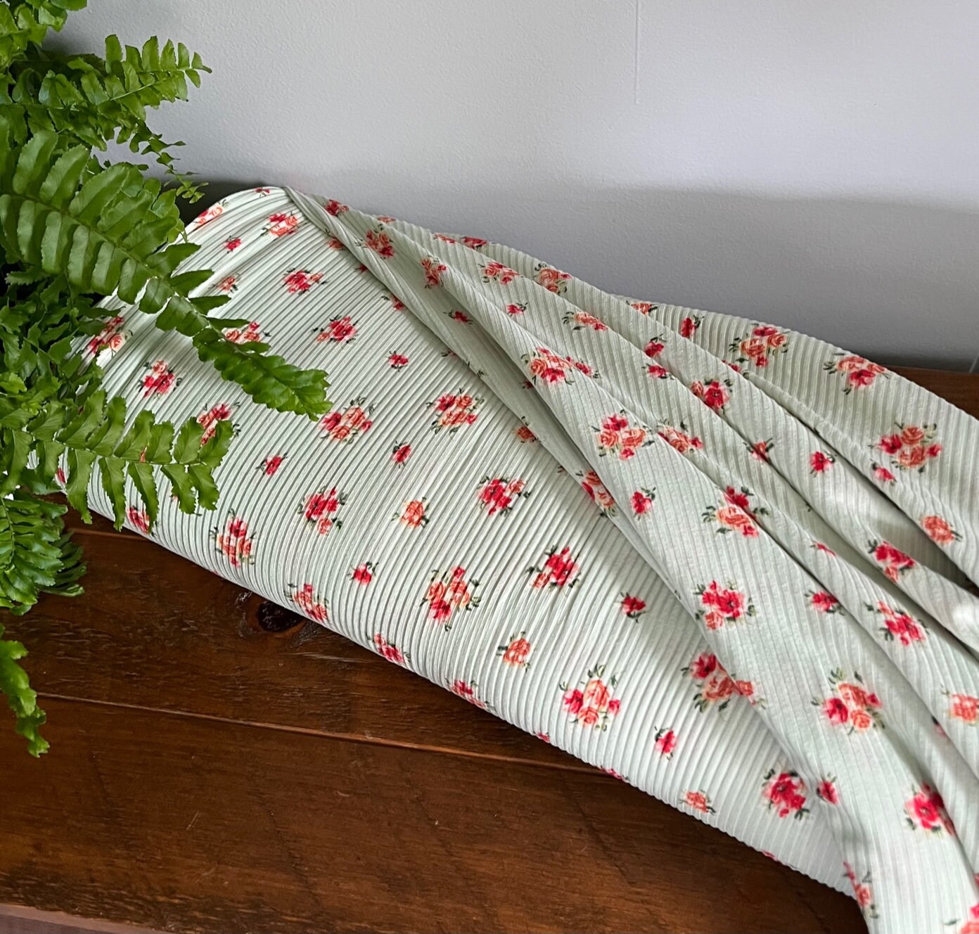 Mint Coral Floral Rib Knit Fabric, by the Yard/half Yard - Etsy