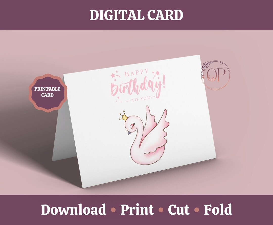 Swan Birthday Card for Girls Printable Swan Princess Card for - Etsy