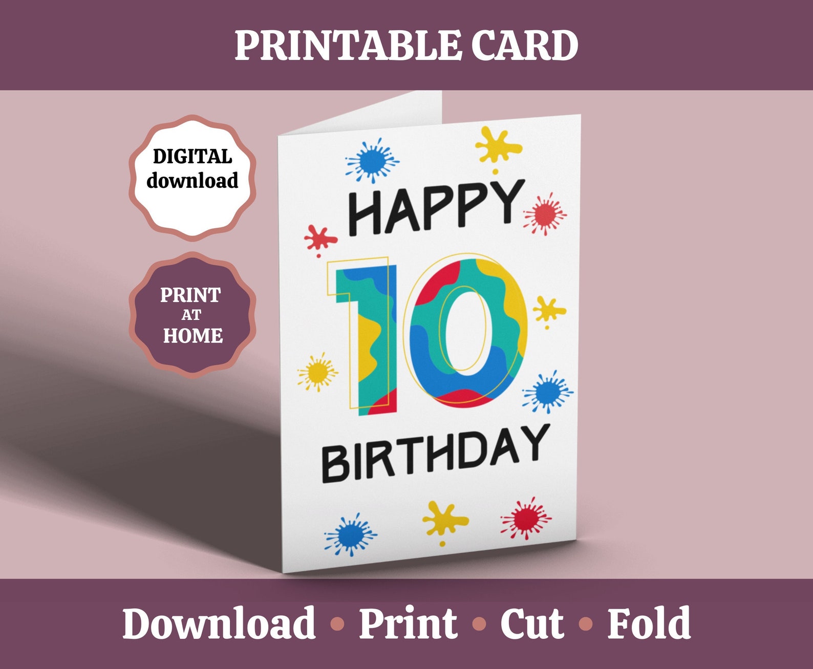 10th Birthday Card, Printable Happy 10th Birthday Card, 10 Year Old ...