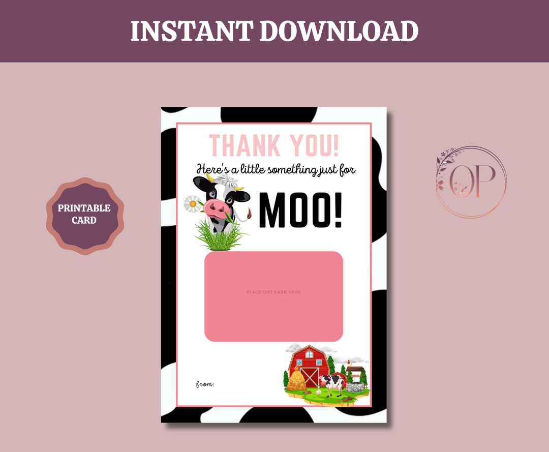 Cow Moo Gift Card Holder Printable , Thank You Gift, Teacher ...