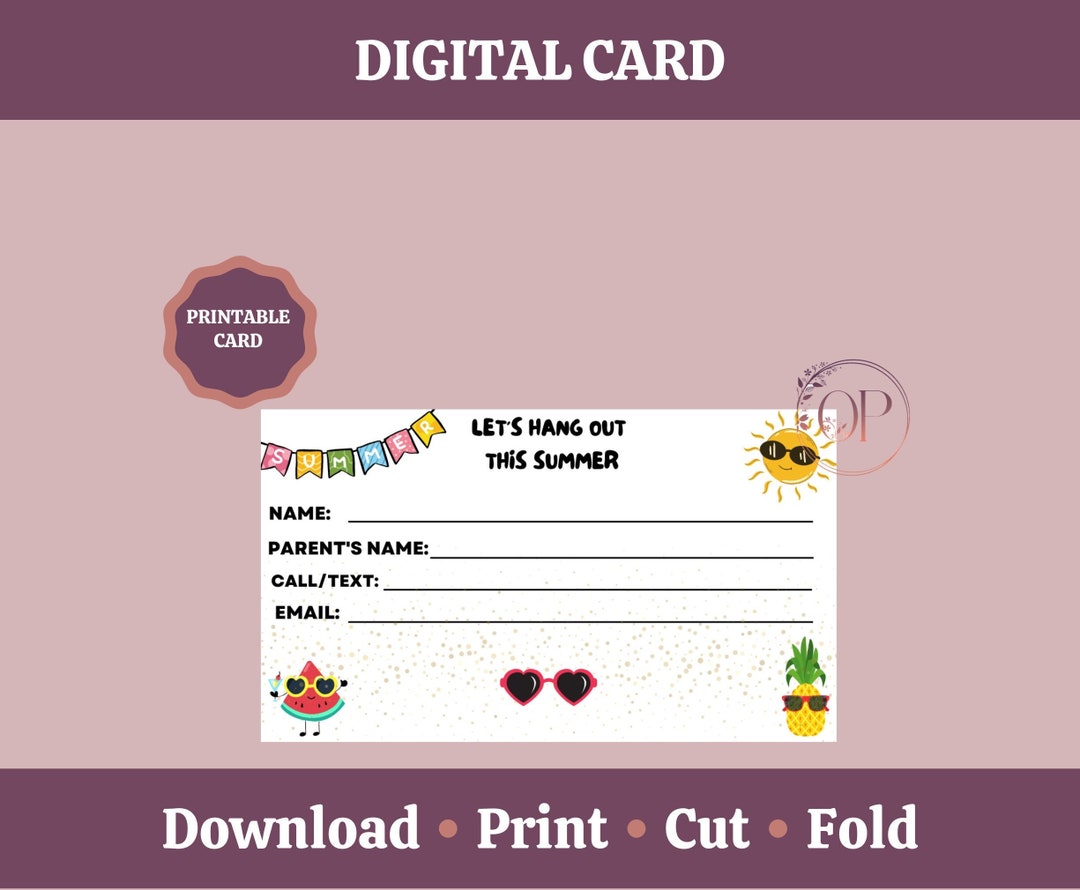 Printable Play Date Calling Card, Keep in Touch Contact Card, Summer ...