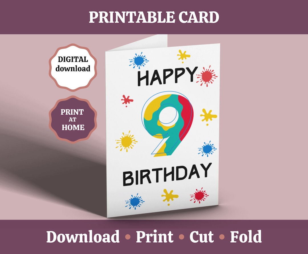 9th Birthday Card, Printable Happy 9 Birthday Card, 9 Year Old Birthday ...