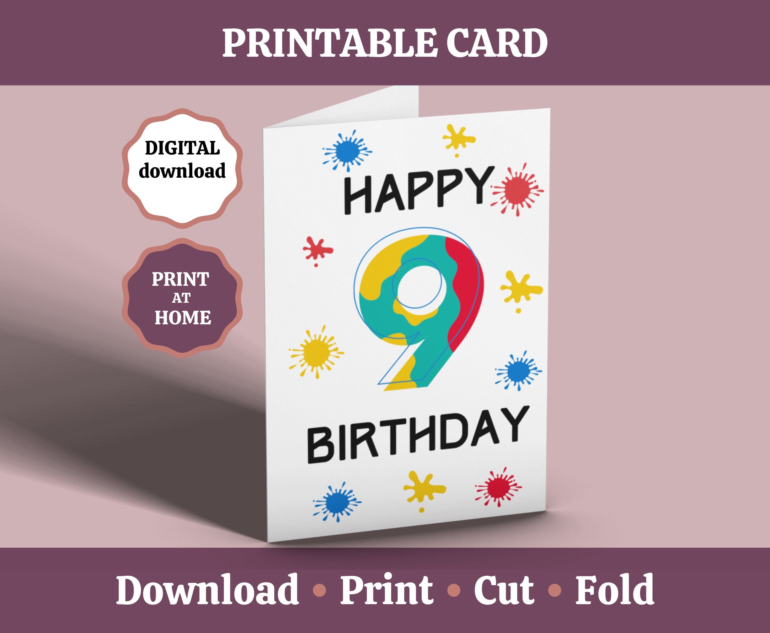 9th Birthday Card, Printable Happy 9 Birthday Card, 9 Year Old Birthday ...