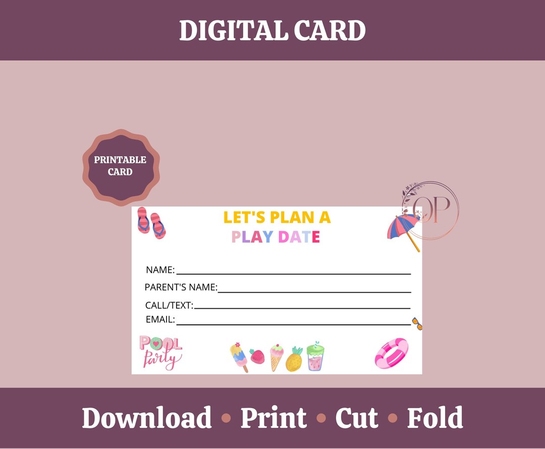 Printable Summer Contact Card, Playdate Cards for Kids , Keep in Touch ...