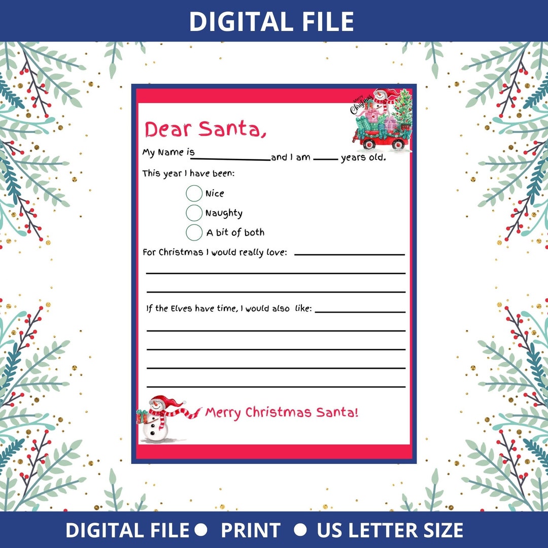 Printable Dear Santa Letter Template, Kids Christmas Wish List, Blank ...