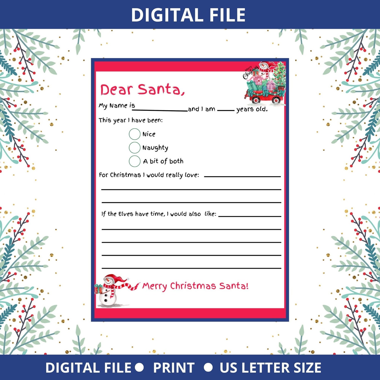 Printable Dear Santa Letter Template, Kids Christmas Wish List, Blank ...