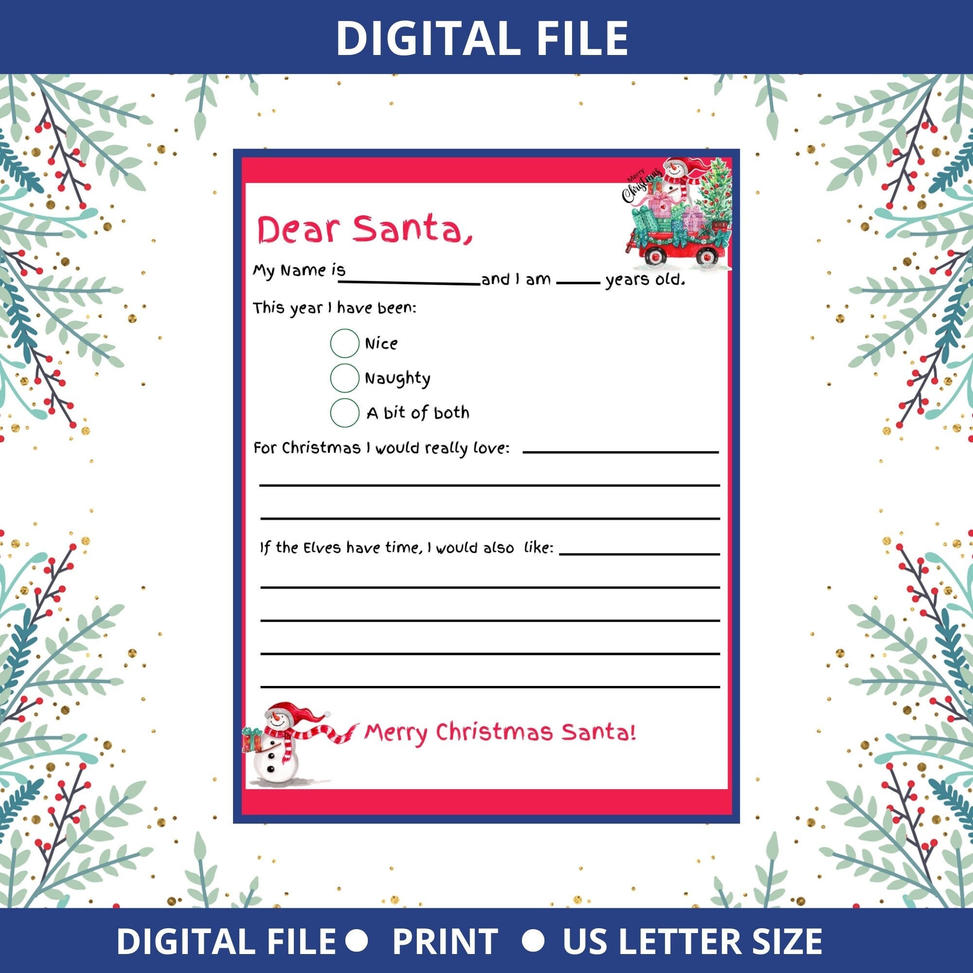 Printable Dear Santa Letter Template, Kids Christmas Wish List, Blank ...