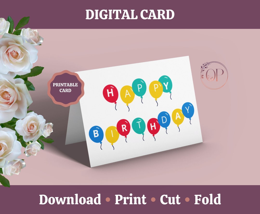 Printable Balloons Birthday Card, Instant Download, 7x5 Inch Digital ...