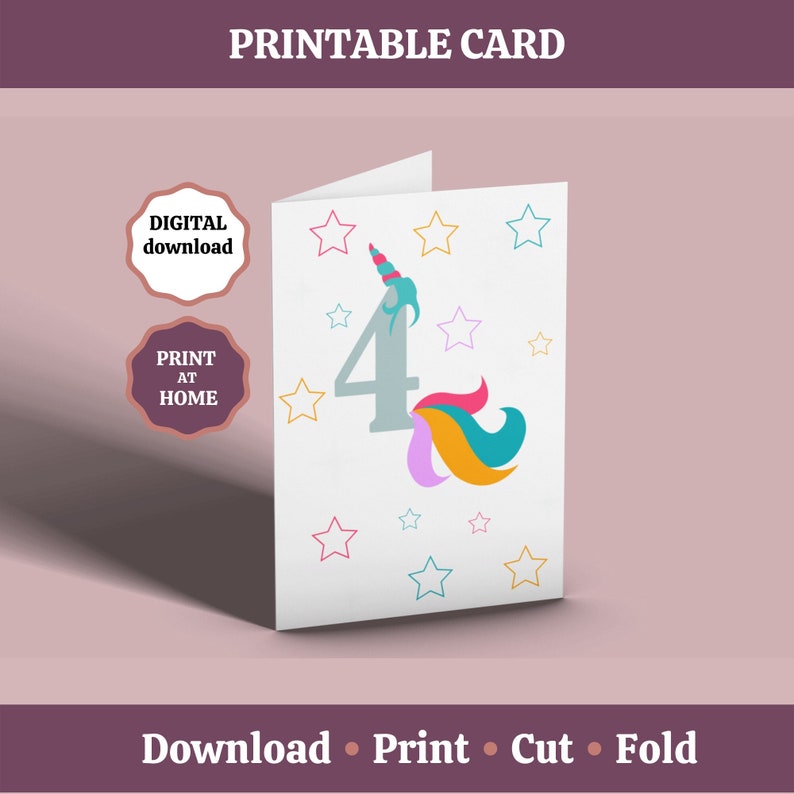 4th Birthday Card Printable, Unicorn Birthday Card, 4 Year Old Birthday ...