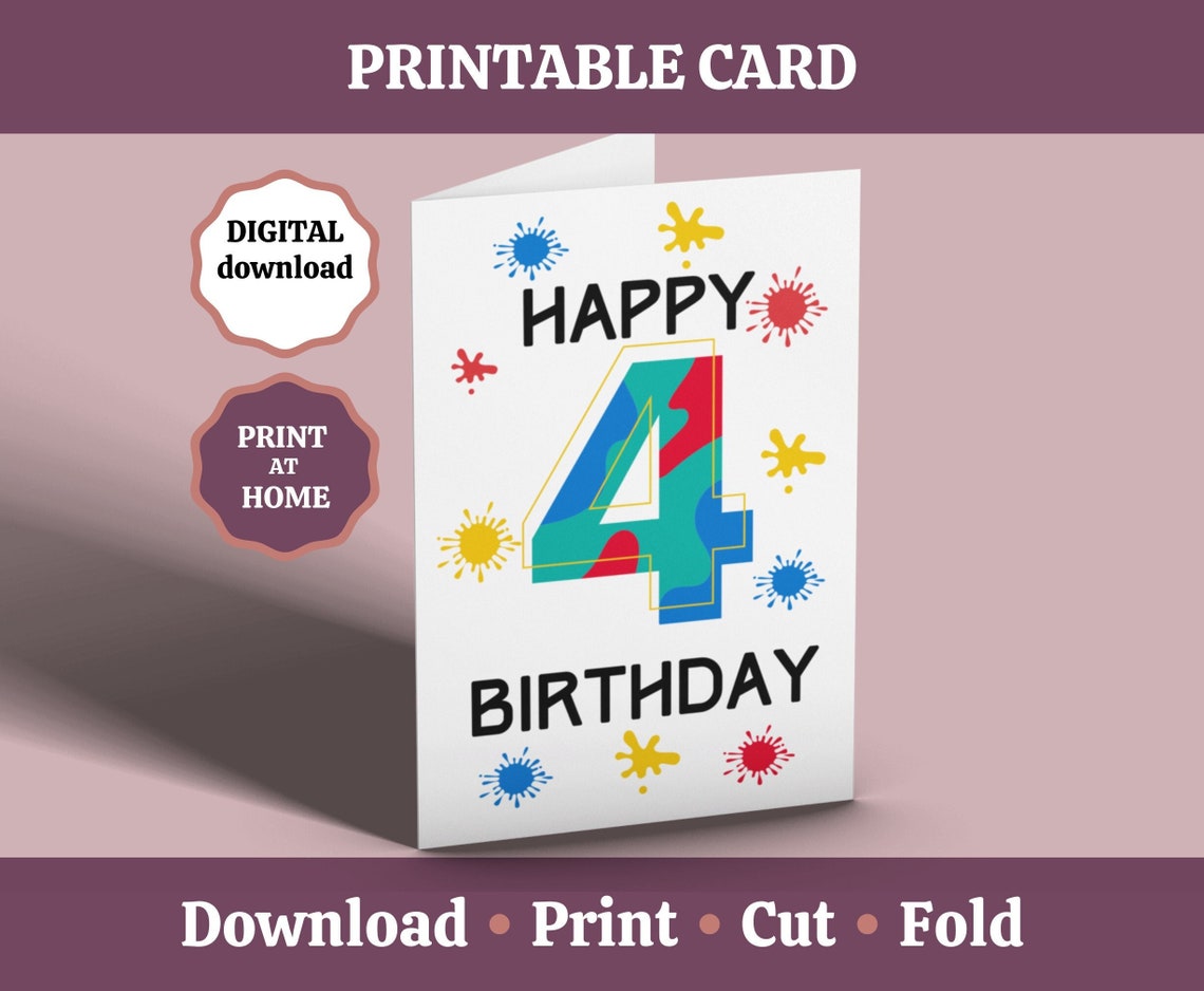4th Birthday Card, Printable Happy 4th Birthday Card, 4 Year Old ...