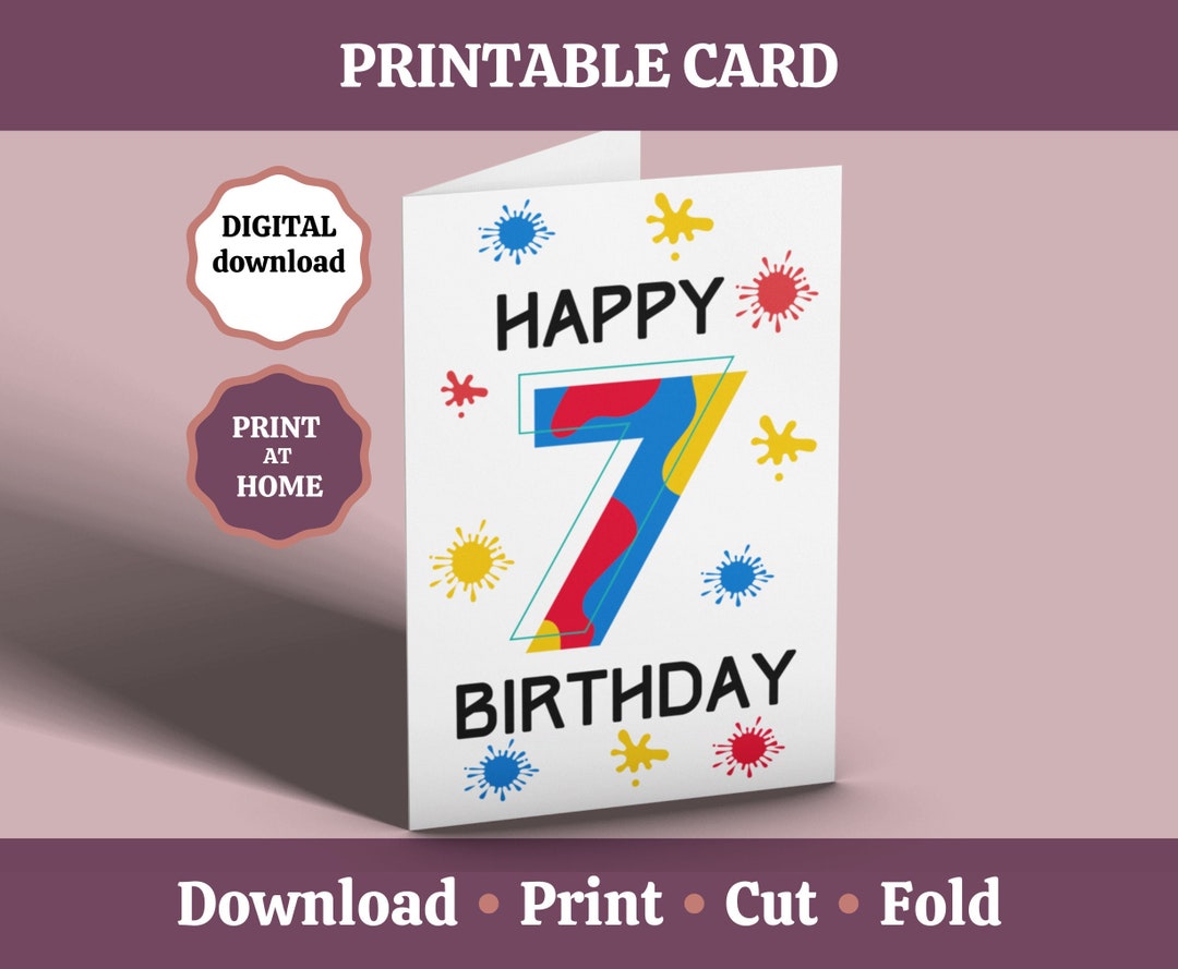 7th Birthday Card, Printable Happy 7th Birthday Card, 7 Year Old ...