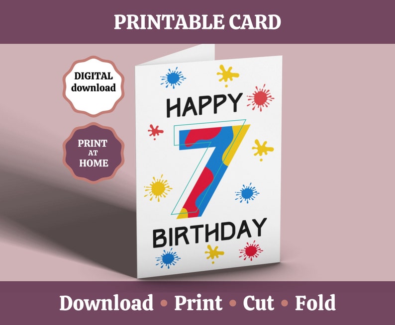7th Birthday Card, Printable Happy 7th Birthday Card, 7 Year Old ...