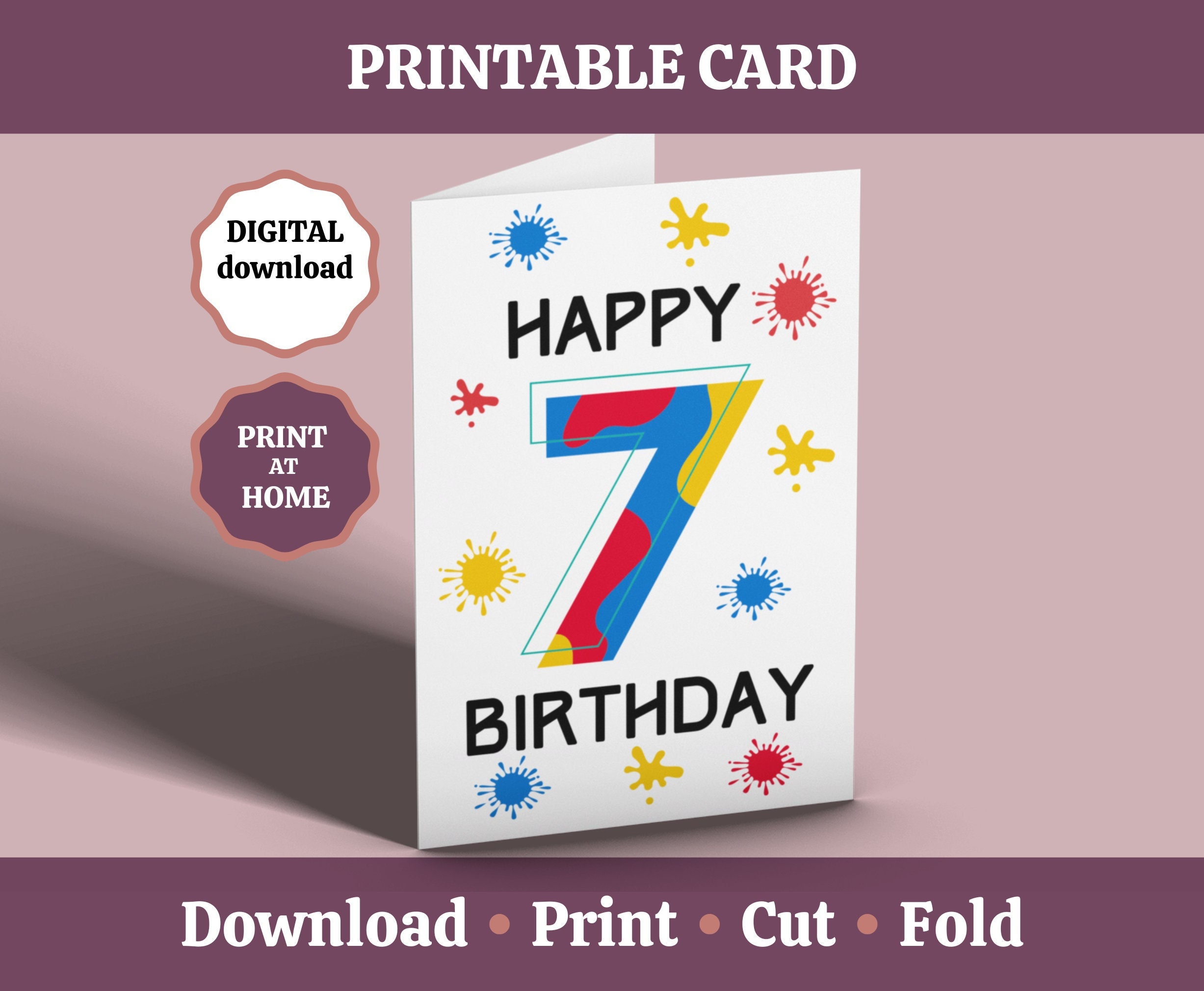 7th Birthday Card, Printable Happy 7th Birthday Card, 7 Year Old ...